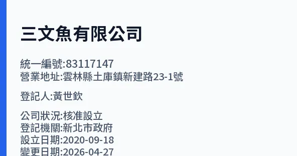 三文魚有限公司的照片-統編 83117147(雲林縣) 公司登記資料與營業項目詳細圖表