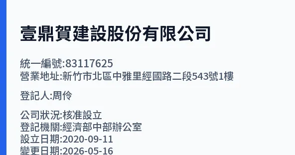 壹鼎賀建設股份有限公司的照片-統編 83117625(新竹市) 公司登記資料與營業項目詳細圖表