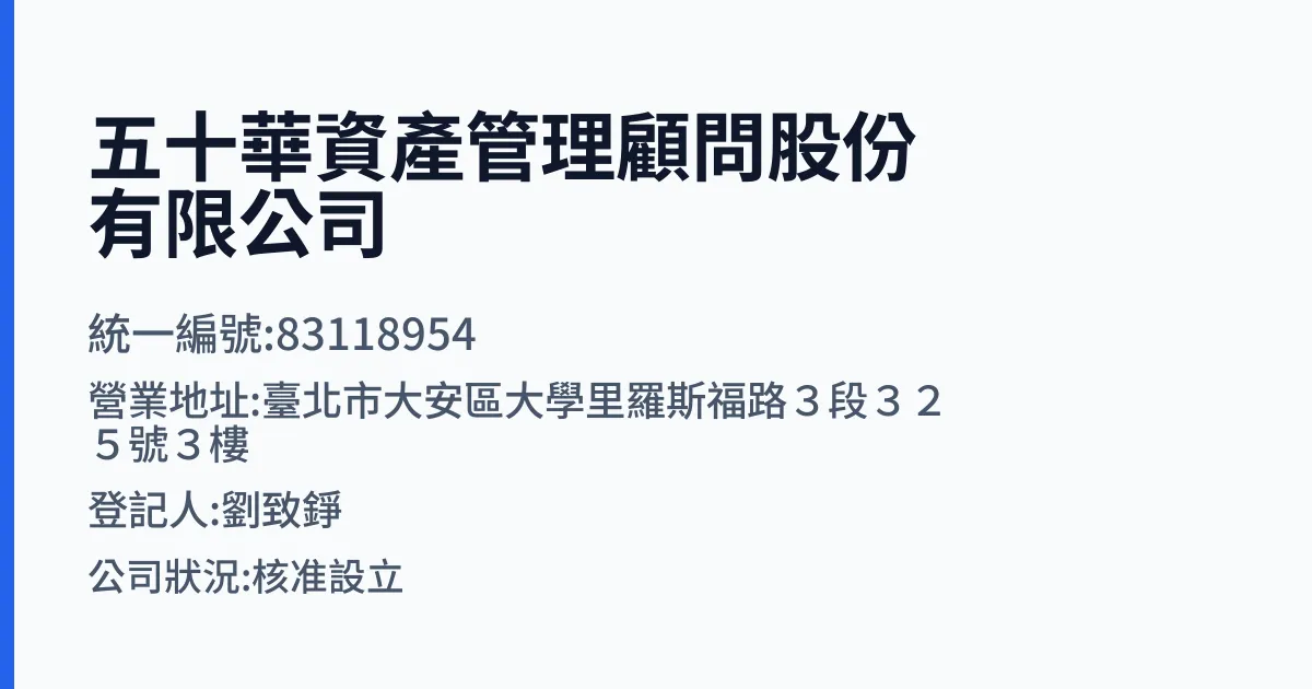 五十華資產管理顧問股份有限公司 - 統編 83118954(臺北市) 公司登記資料與營業項目詳細圖表