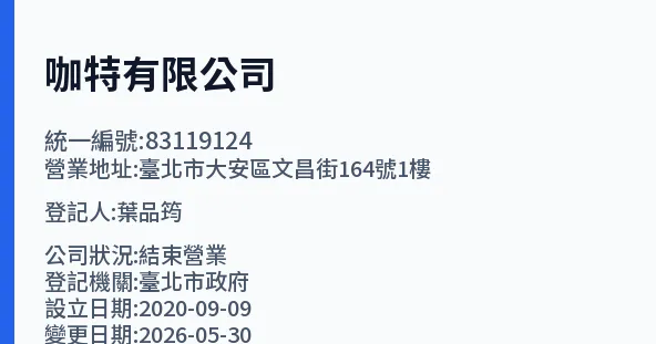 咖特有限公司的照片-統編 83119124(臺北市) 公司登記資料與營業項目詳細圖表