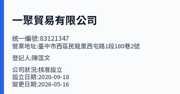一聚貿易有限公司的照片-統編 83121347(臺中市) 公司登記資料與營業項目詳細圖表