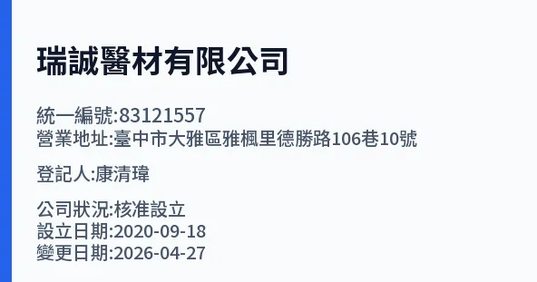 瑞誠醫材有限公司的照片-統編 83121557(臺中市) 公司登記資料與營業項目詳細圖表