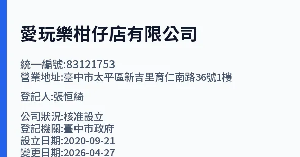 愛玩樂柑仔店有限公司的照片-統編 83121753(臺中市) 公司登記資料與營業項目詳細圖表