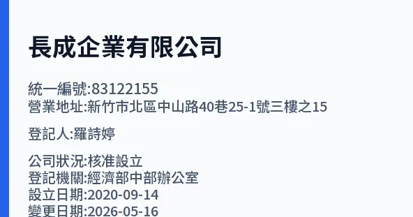 長成企業有限公司的照片-統編 83122155(新竹市) 公司登記資料與營業項目詳細圖表