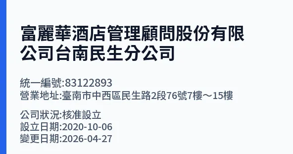 富麗華酒店管理顧問股份有限公司台南民生分公司的照片-統編 83122893(臺南市) 公司登記資料與營業項目詳細圖表