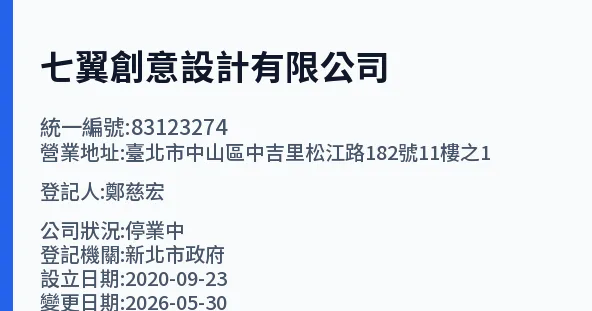 七翼創意設計有限公司的照片-統編 83123274(臺北市) 公司登記資料與營業項目詳細圖表