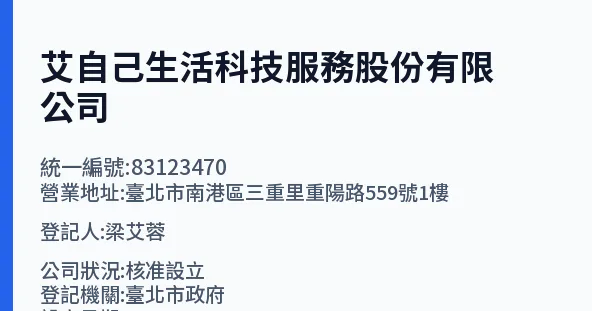 艾自己生活科技服務股份有限公司的照片-統編 83123470(臺北市) 公司登記資料與營業項目詳細圖表