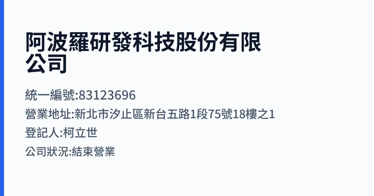 阿波羅研發科技股份有限公司 - 統編 83123696(新北市) 公司登記資料與營業項目詳細圖表