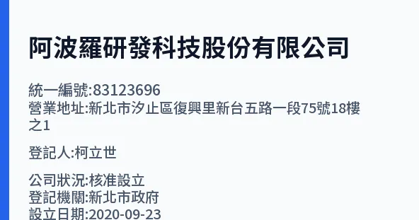 阿波羅研發科技股份有限公司的照片-統編 83123696(新北市) 公司登記資料與營業項目詳細圖表