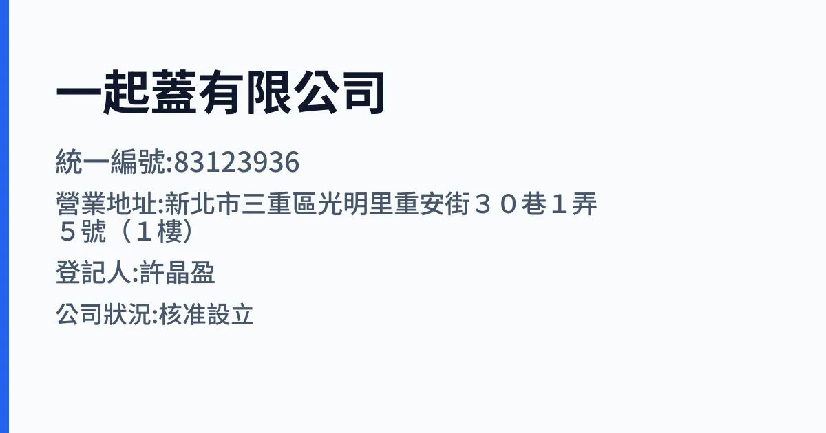 一起蓋有限公司 - 統編 83123936(新北市) 公司登記資料與營業項目詳細圖表