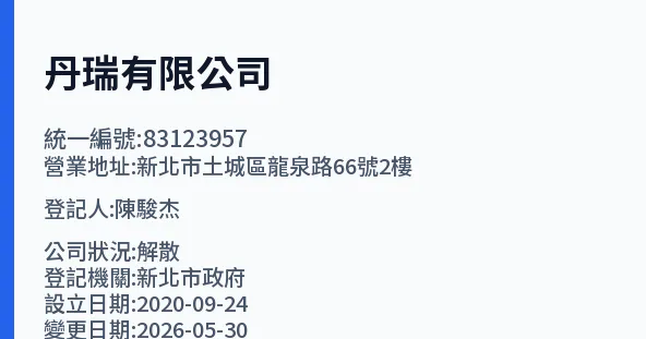 丹瑞有限公司的照片-統編 83123957(新北市) 公司登記資料與營業項目詳細圖表