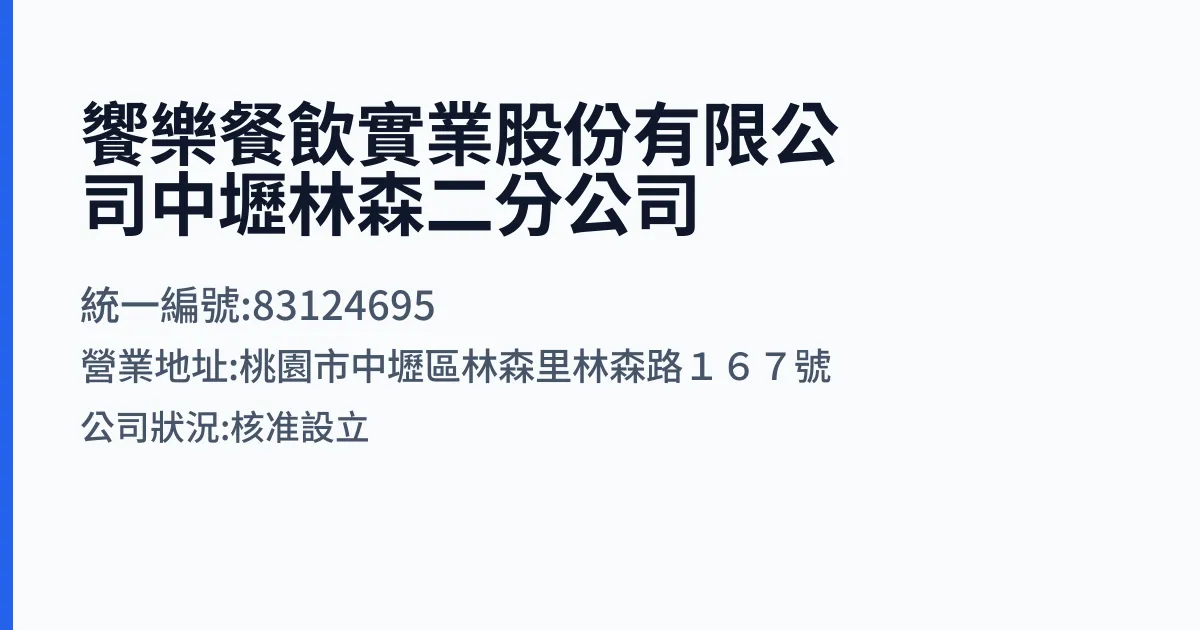 饗樂餐飲實業股份有限公司中壢林森二分公司 - 統編 83124695(桃園市) 公司登記資料與營業項目詳細圖表