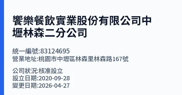 饗樂餐飲實業股份有限公司中壢林森二分公司的照片-統編 83124695(桃園市) 公司登記資料與營業項目詳細圖表