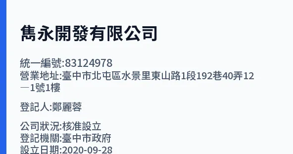 雋永開發有限公司的照片-統編 83124978(臺中市) 公司登記資料與營業項目詳細圖表