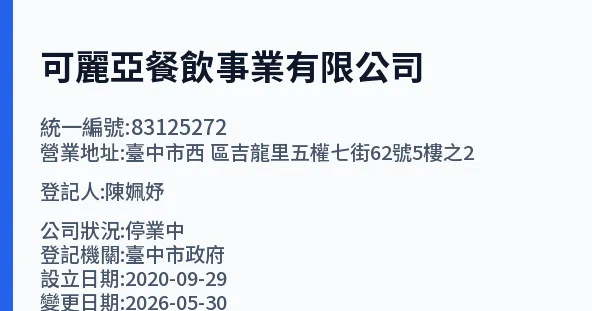 可麗亞餐飲事業有限公司的照片-統編 83125272(臺中市) 公司登記資料與營業項目詳細圖表