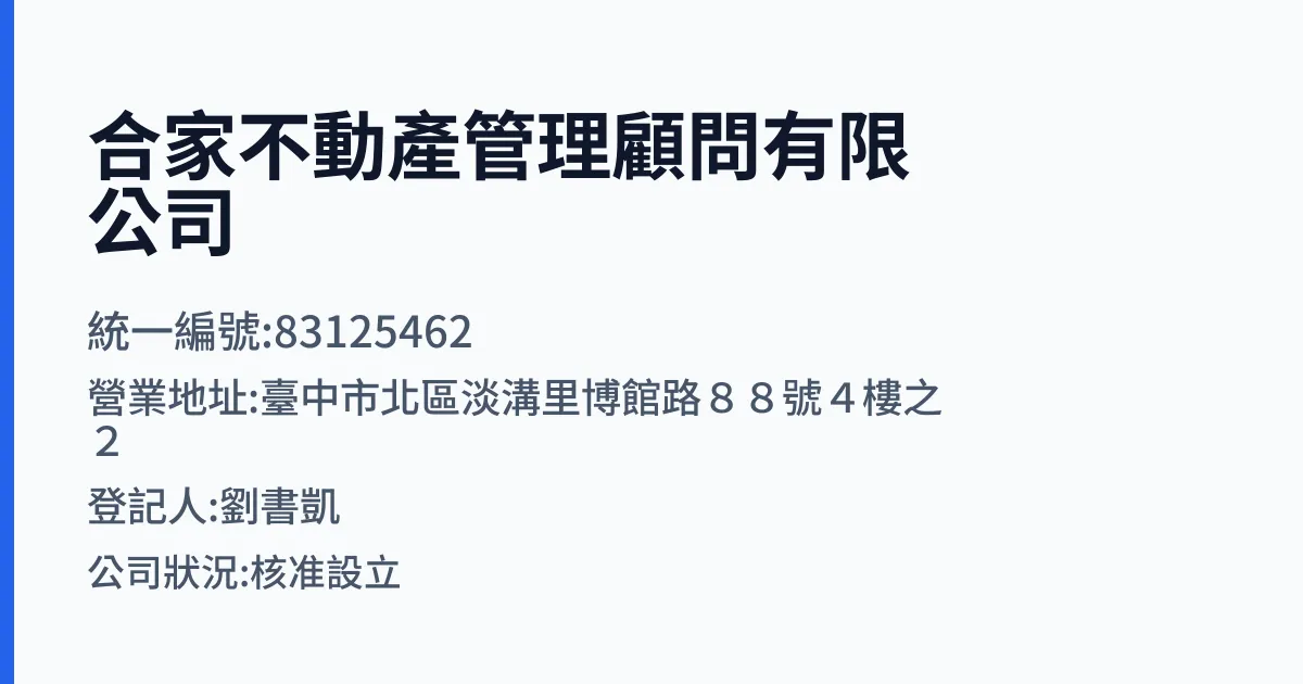 合家不動產管理顧問有限公司 - 統編 83125462(臺中市) 公司登記資料與營業項目詳細圖表