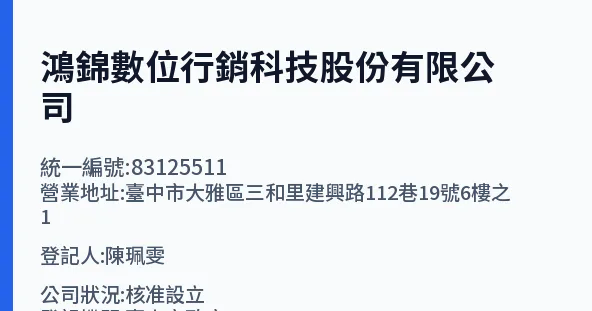 鴻錦數位行銷科技股份有限公司的照片-統編 83125511(臺中市) 公司登記資料與營業項目詳細圖表
