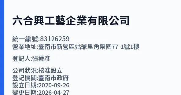 六合興工藝企業有限公司的照片-統編 83126259(臺南市) 公司登記資料與營業項目詳細圖表