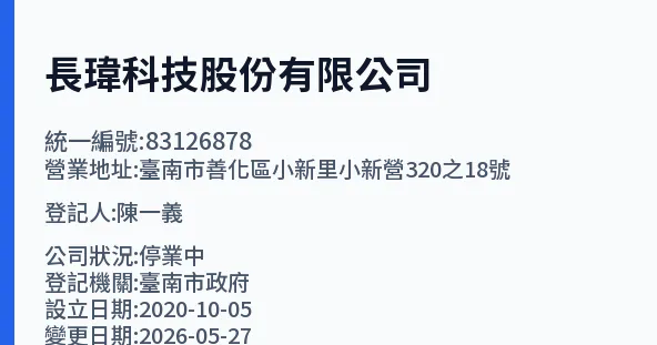 長瑋科技股份有限公司的照片-統編 83126878(臺南市) 公司登記資料與營業項目詳細圖表