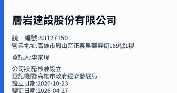 居岩建設股份有限公司的照片-統編 83127150(高雄市) 公司登記資料與營業項目詳細圖表