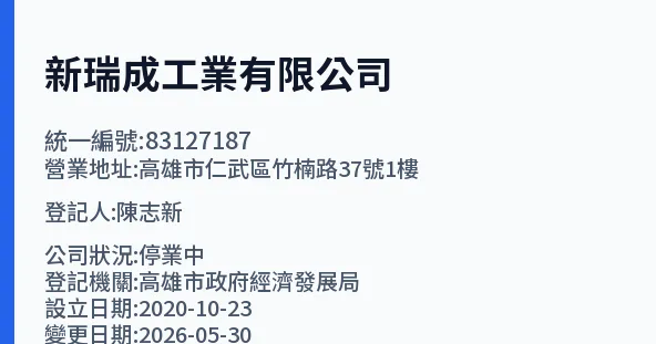 新瑞成工業有限公司的照片-統編 83127187(高雄市) 公司登記資料與營業項目詳細圖表