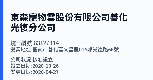 東森寵物雲股份有限公司善化光復分公司的照片-統編 83127314(臺南市) 公司登記資料與營業項目詳細圖表