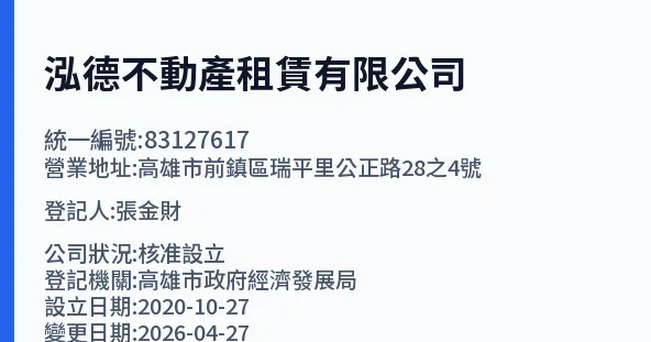 泓德不動產租賃有限公司的照片-統編 83127617(高雄市) 公司登記資料與營業項目詳細圖表