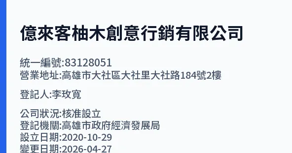 億來客柚木創意行銷有限公司的照片-統編 83128051(高雄市) 公司登記資料與營業項目詳細圖表