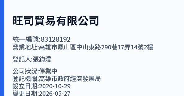 旺司貿易有限公司的照片-統編 83128192(高雄市) 公司登記資料與營業項目詳細圖表