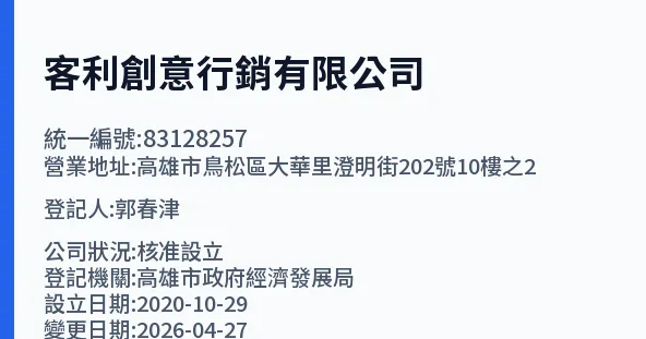 客利創意行銷有限公司的照片-統編 83128257(高雄市) 公司登記資料與營業項目詳細圖表