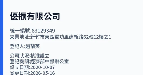 優振有限公司的照片-統編 83129349(新竹市) 公司登記資料與營業項目詳細圖表