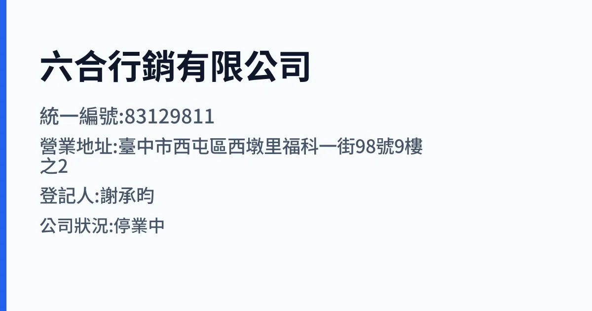 六合行銷有限公司 - 統編 83129811(臺中市) 公司登記資料與營業項目詳細圖表