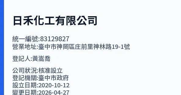 日禾化工有限公司的照片-統編 83129827(臺中市) 公司登記資料與營業項目詳細圖表