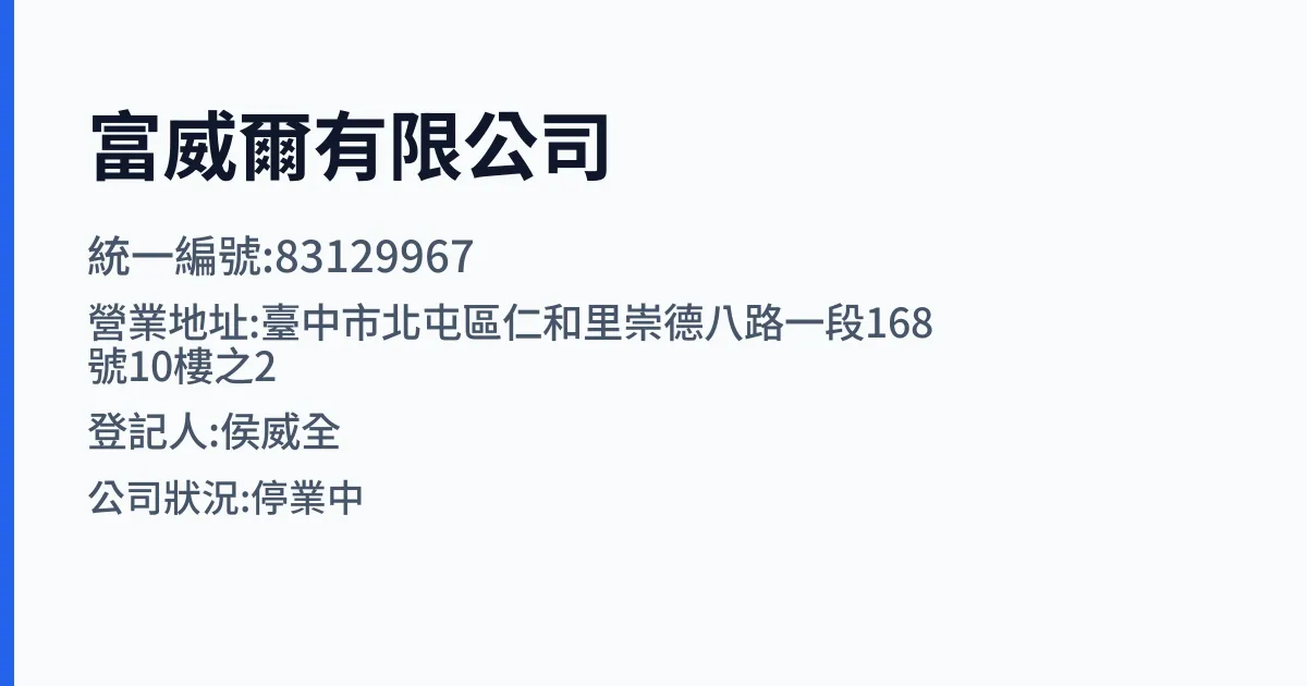 富威爾有限公司 - 統編 83129967（臺中市） 公司登記資料與營業項目詳細圖表