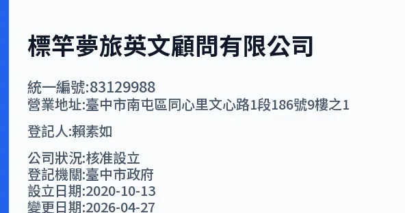 標竿夢旅英文顧問有限公司的照片-統編 83129988(臺中市) 公司登記資料與營業項目詳細圖表