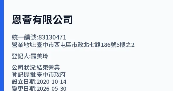 恩薈有限公司的照片-統編 83130471(臺中市) 公司登記資料與營業項目詳細圖表