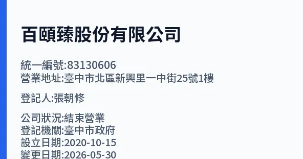 百頤臻股份有限公司的照片-統編 83130606(臺中市) 公司登記資料與營業項目詳細圖表