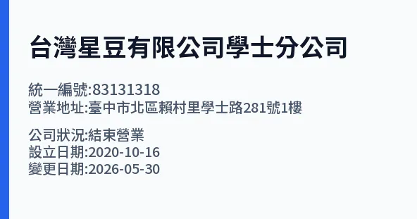 台灣星豆有限公司學士分公司的照片-統編 83131318(臺中市) 公司登記資料與營業項目詳細圖表