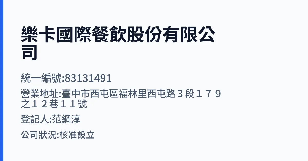 樂卡國際餐飲股份有限公司 - 統編 83131491(臺中市) 公司登記資料與營業項目詳細圖表