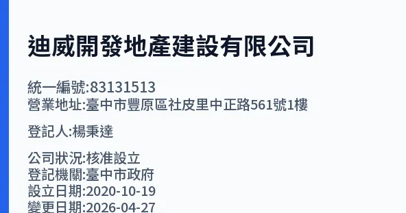 迪威開發地產建設有限公司的照片-統編 83131513(臺中市) 公司登記資料與營業項目詳細圖表
