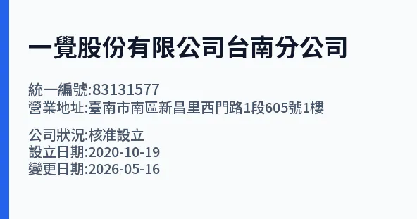 一覺股份有限公司台南分公司的照片-統編 83131577(臺南市) 公司登記資料與營業項目詳細圖表