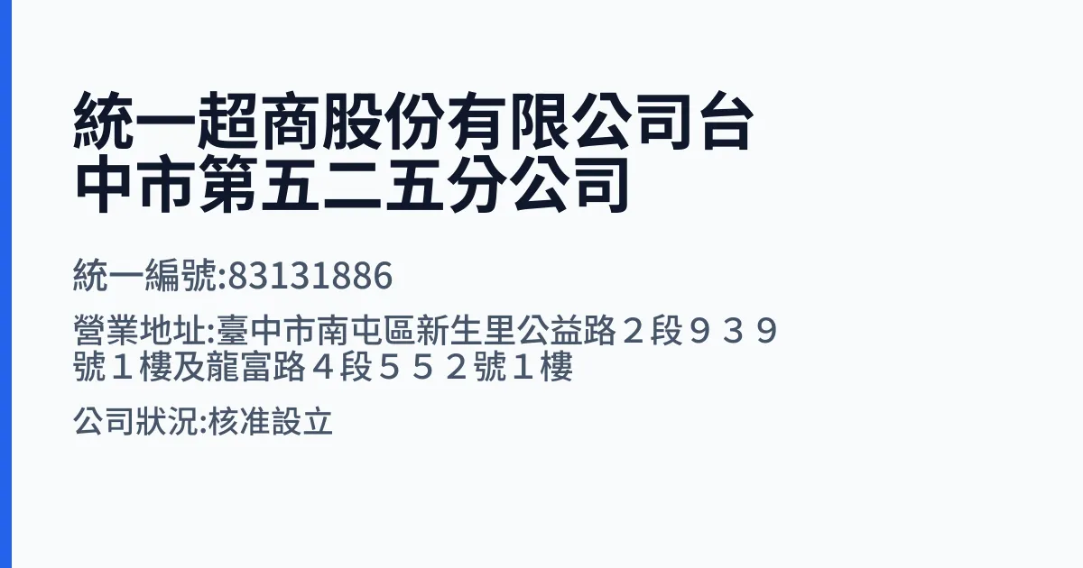 統一超商股份有限公司台中市第五二五分公司 - 統編 83131886(臺中市) 公司登記資料與營業項目詳細圖表
