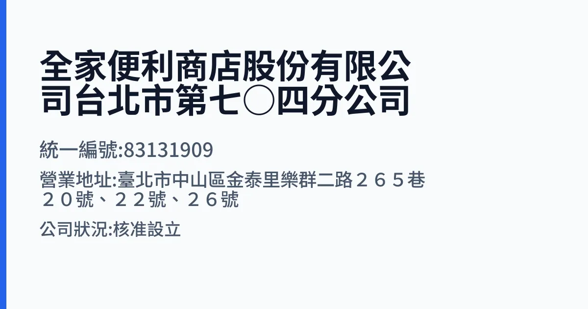 全家便利商店股份有限公司台北市第七○四分公司 - 統編 83131909(臺北市) 公司登記資料與營業項目詳細圖表