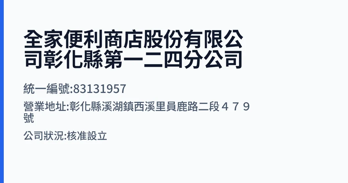 全家便利商店股份有限公司彰化縣第一二四分公司 - 統編 83131957（彰化縣） 公司登記資料與營業項目詳細圖表