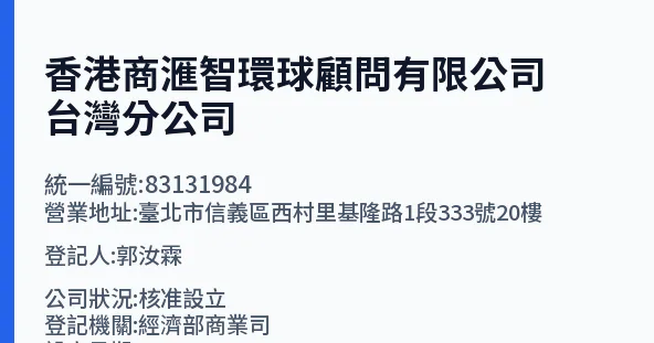 香港商滙智環球顧問有限公司台灣分公司的照片-統編 83131984(臺北市) 公司登記資料與營業項目詳細圖表