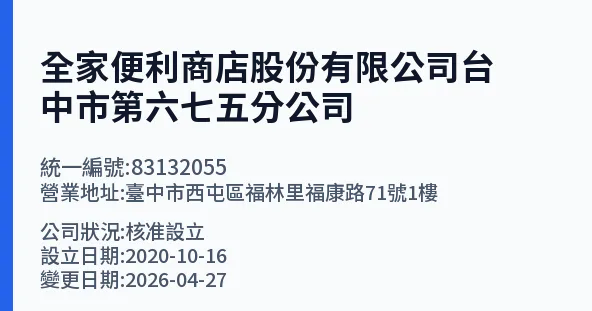 全家便利商店股份有限公司台中市第六七五分公司的照片-統編 83132055(臺中市) 公司登記資料與營業項目詳細圖表