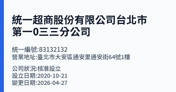 統一超商股份有限公司台北市第一0三三分公司的照片-統編 83132132(臺北市) 公司登記資料與營業項目詳細圖表