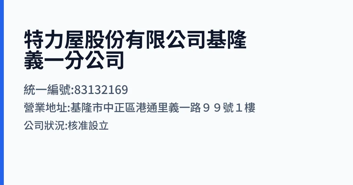 特力屋股份有限公司基隆義一分公司 - 統編 83132169(基隆市) 公司登記資料與營業項目詳細圖表