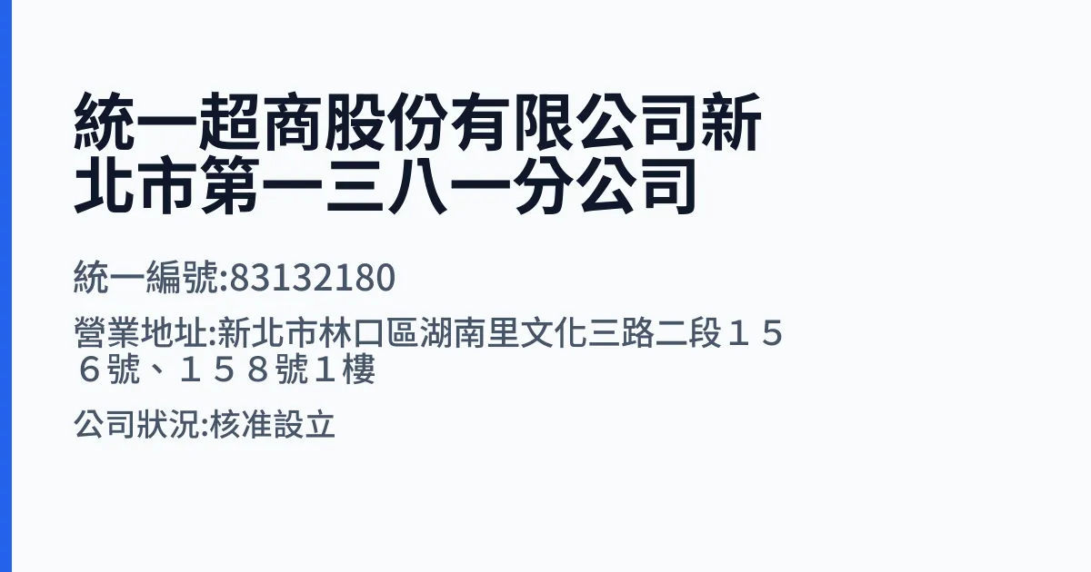 統一超商股份有限公司新北市第一三八一分公司 - 統編 83132180(新北市) 公司登記資料與營業項目詳細圖表