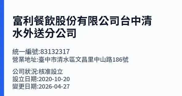 富利餐飲股份有限公司台中清水外送分公司的照片-統編 83132317(臺中市) 公司登記資料與營業項目詳細圖表